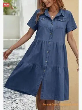 Dresses | Short Sleeve Button Down Denim Shirt Dress Ruffle Hem ...